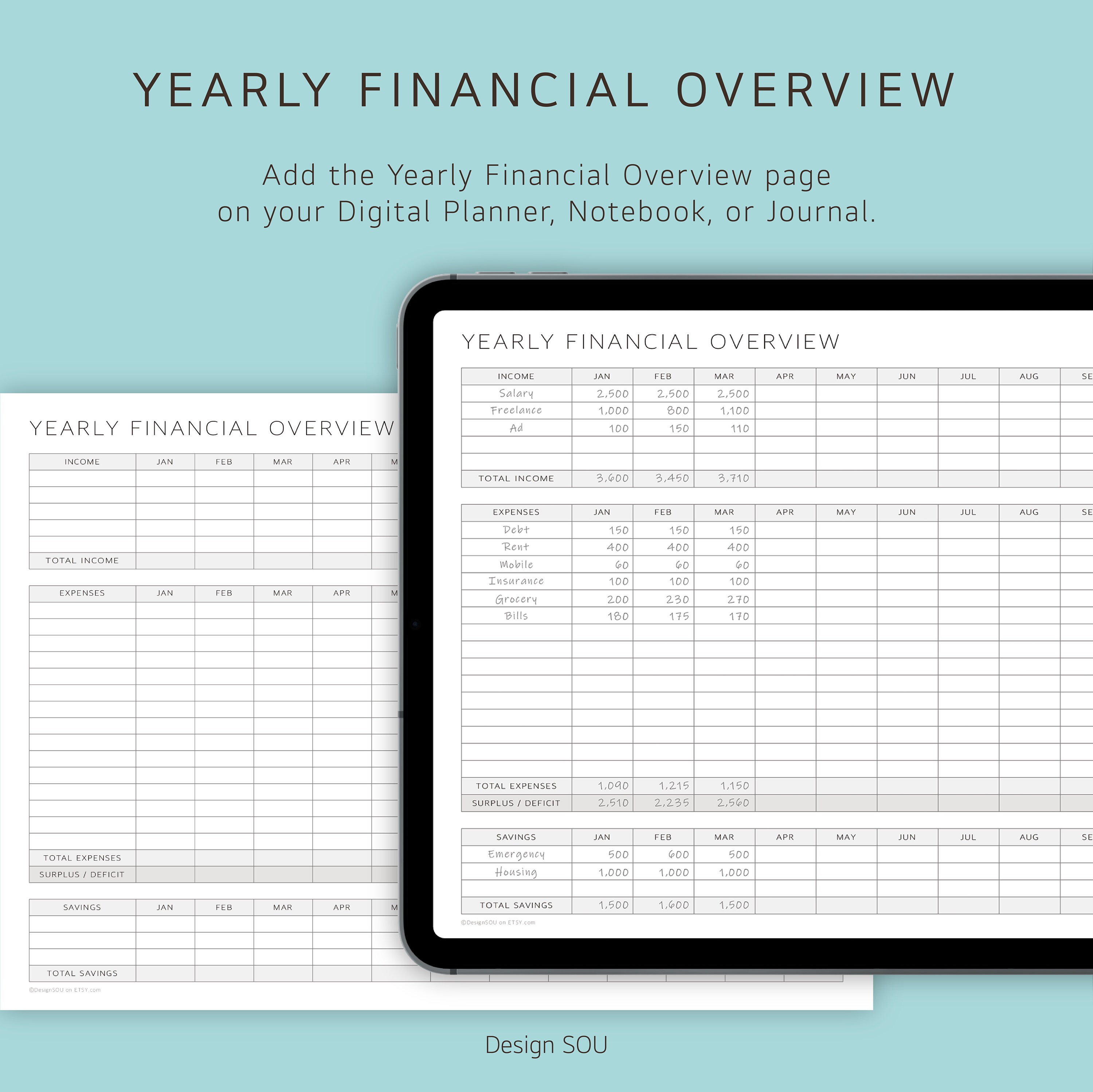 Yearly Finance Planner Sheet | Printable | Horizontal | Digital | A4 ...
