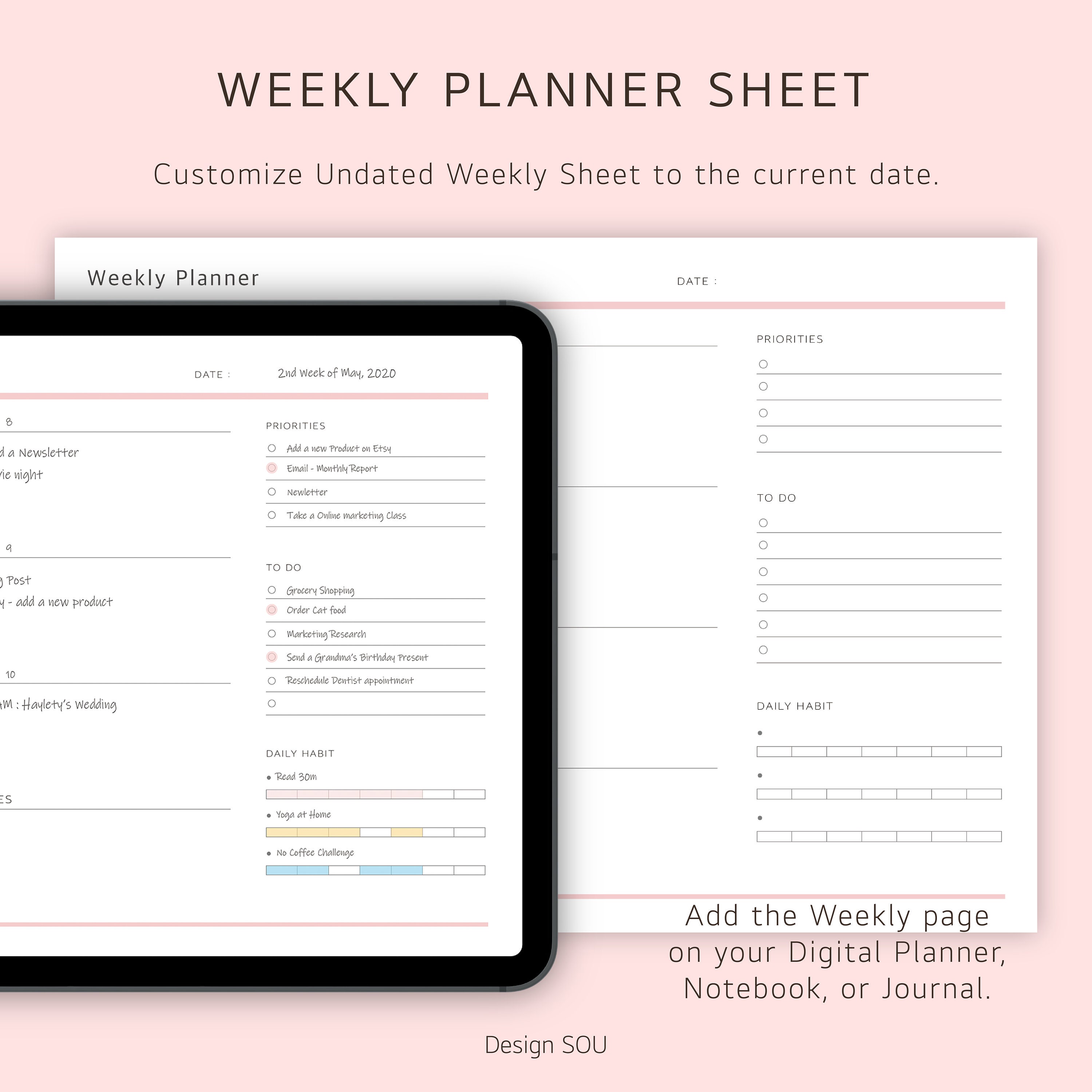 Undated Printable Weekly Planner Sheet Horizontal Digital - Etsy