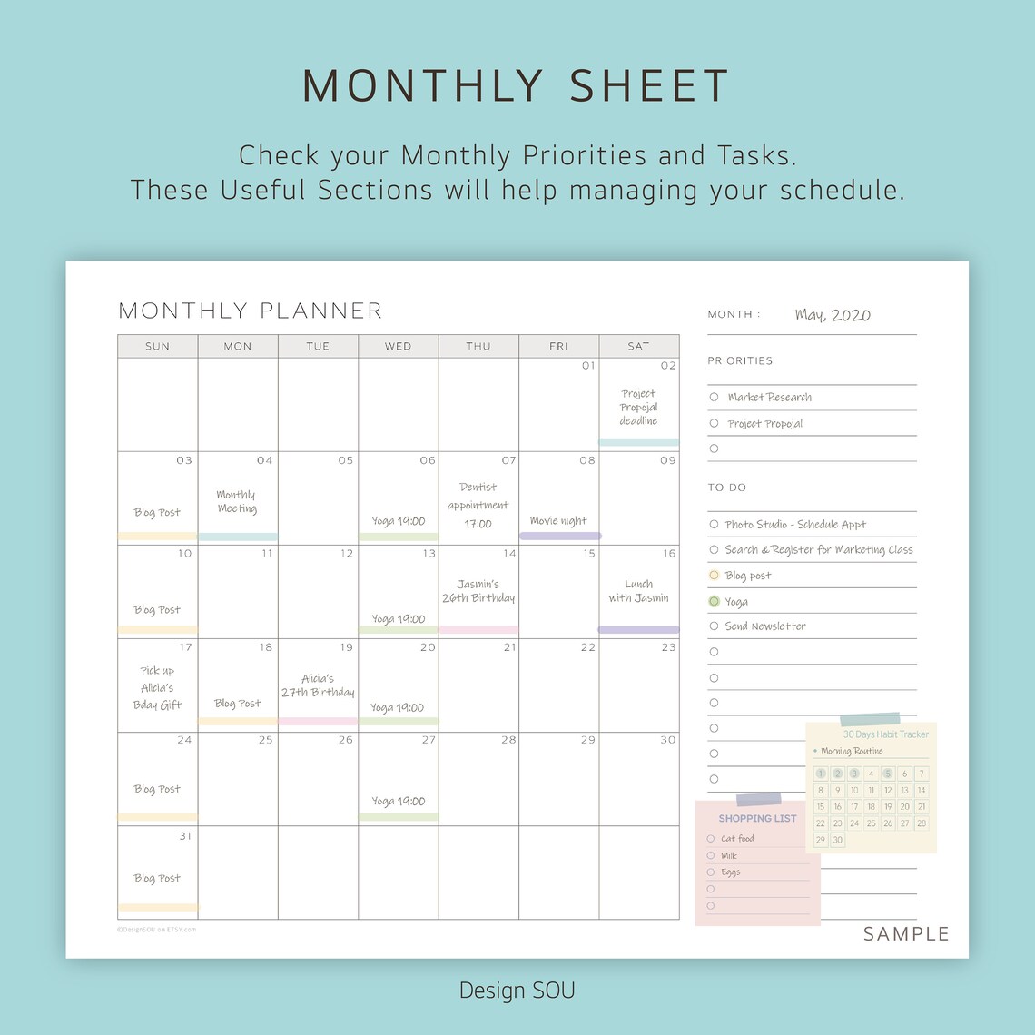 Undated Printable Monthly Planner Sheet Landscape Digital - Etsy
