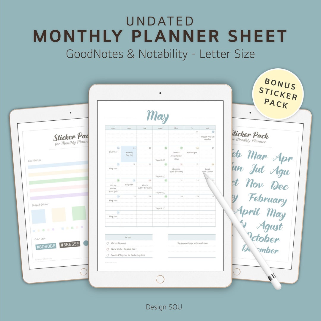 Digital Monthly Planner Sheet for iPad Undated Calendar Goodnote ...