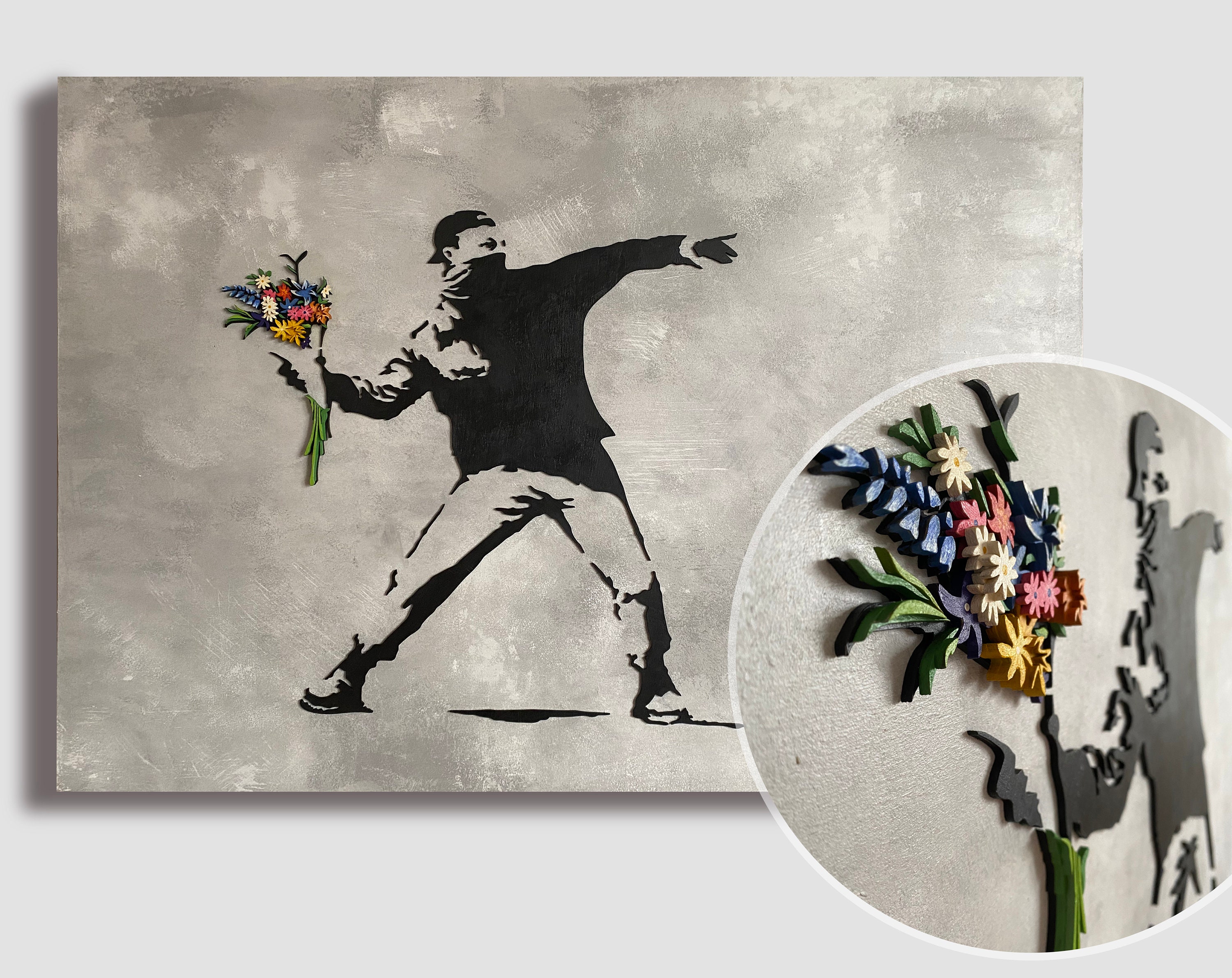 3D wall art Banksy Flower thrower Large wood wall art Modern | Etsy