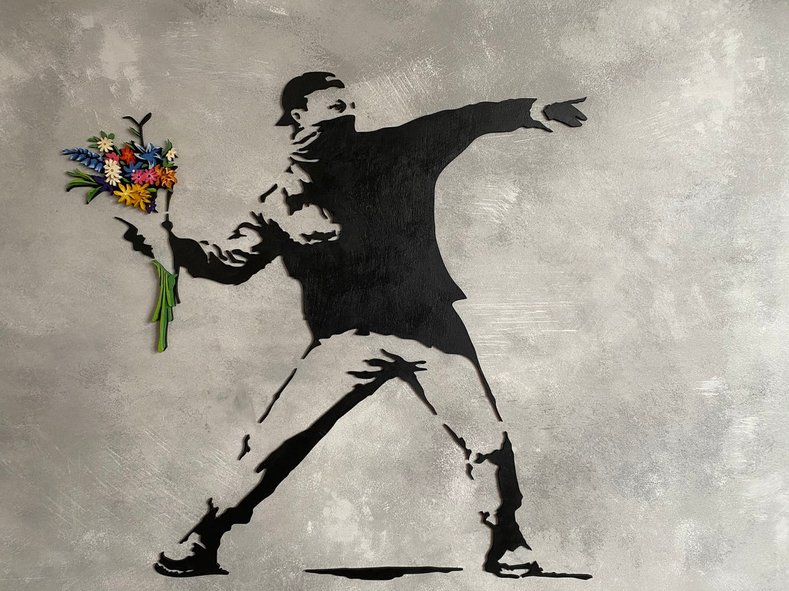 3D wall art Banksy Flower thrower Large wood wall art Modern | Etsy