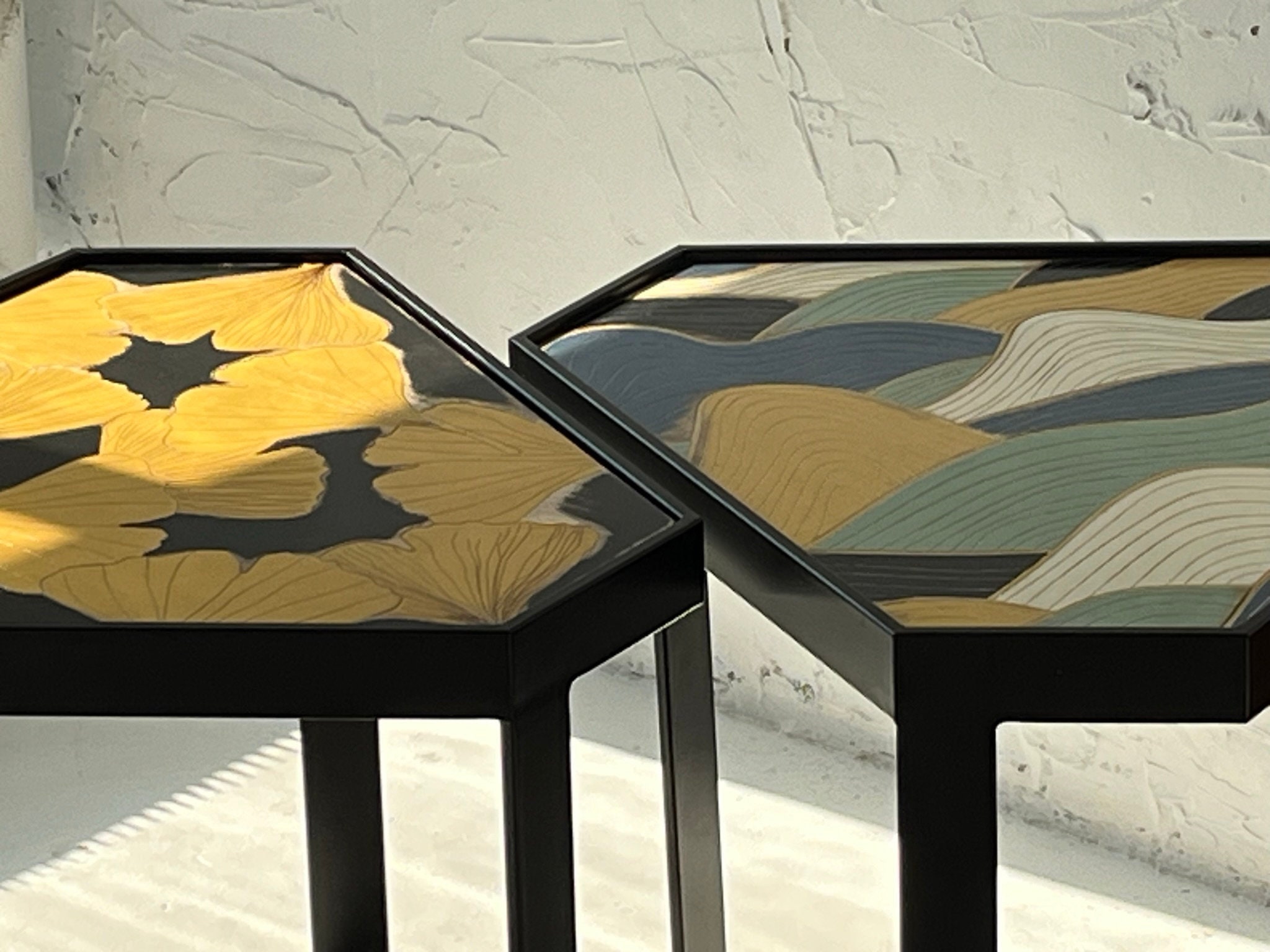 Golden Ginko Artisan Side Table Hand-laid Wooden Mosaic, Laser Cut Top ...