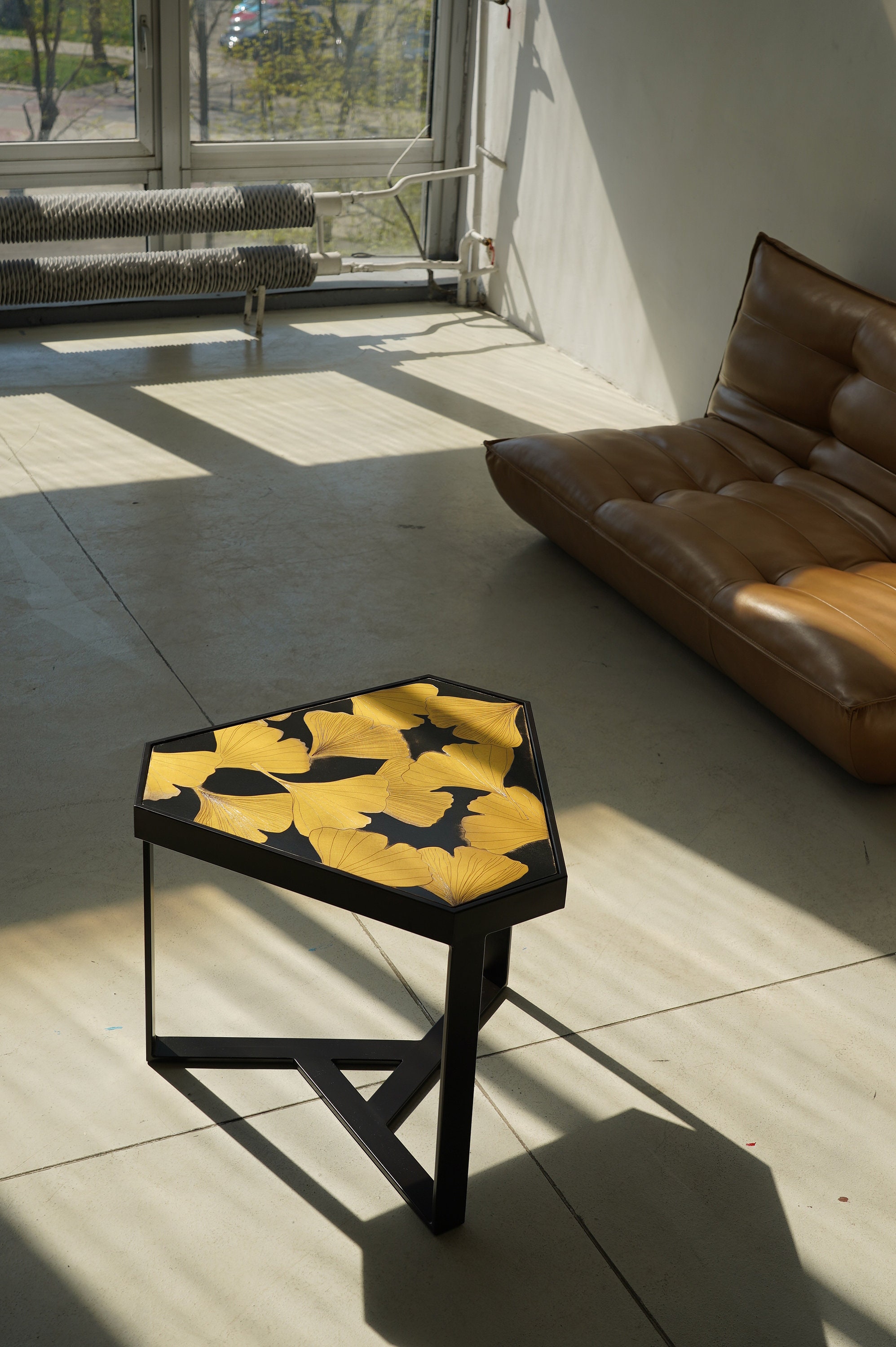 Golden Ginko Artisan Side Table Hand-laid Wooden Mosaic, Laser Cut Top ...