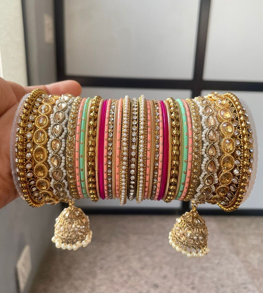 Multicolor Matte Bangles With Golden Work Tassel Bangle, Latkan Wedding ...