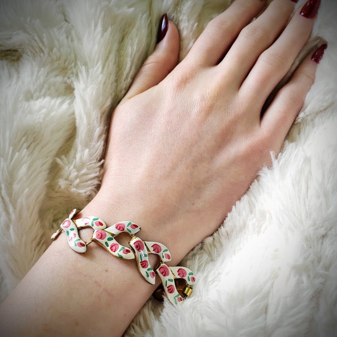 PAINTED ROSES Link BRACELET Vintage Articulated Unique Link Brass Hand ...