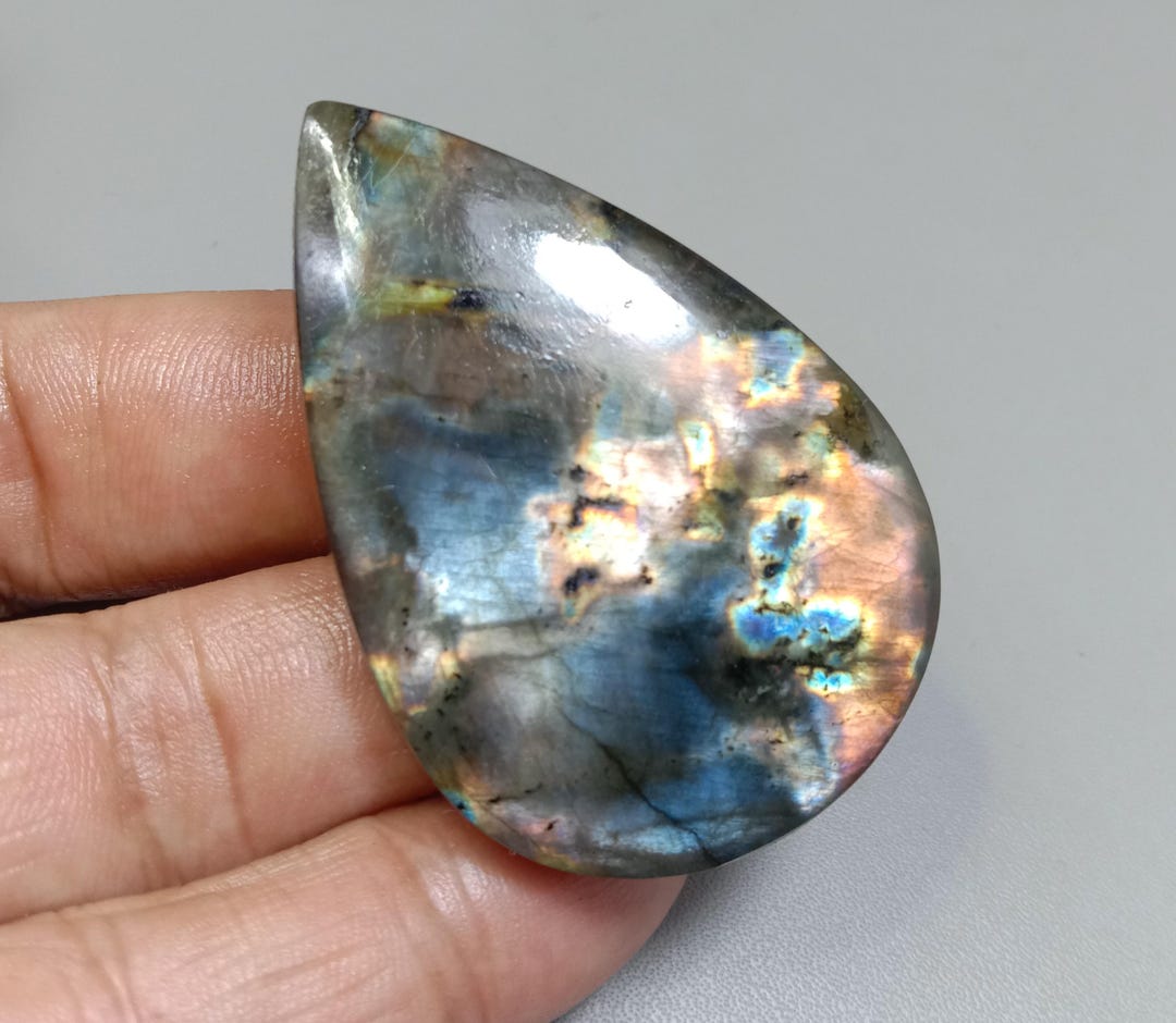 Spectrolite Pear Cabochon: Black Labradorite Crystal (54x36x6mm, 103 ...