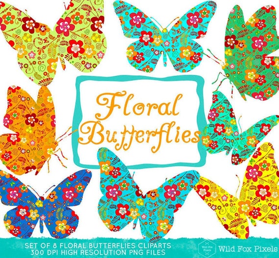 Butterflies Clipart Commercial Use Floral Butterflies | Etsy