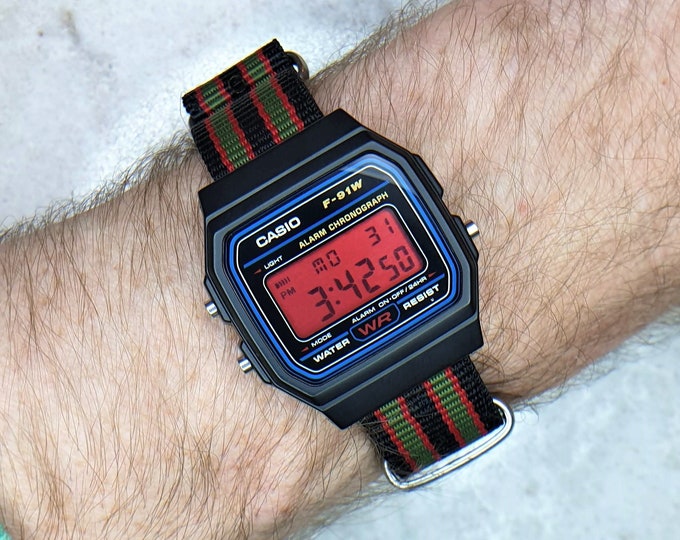 Casio Watch With Red Screen Mod and James Bond Nylon Strap F-91W, the ...