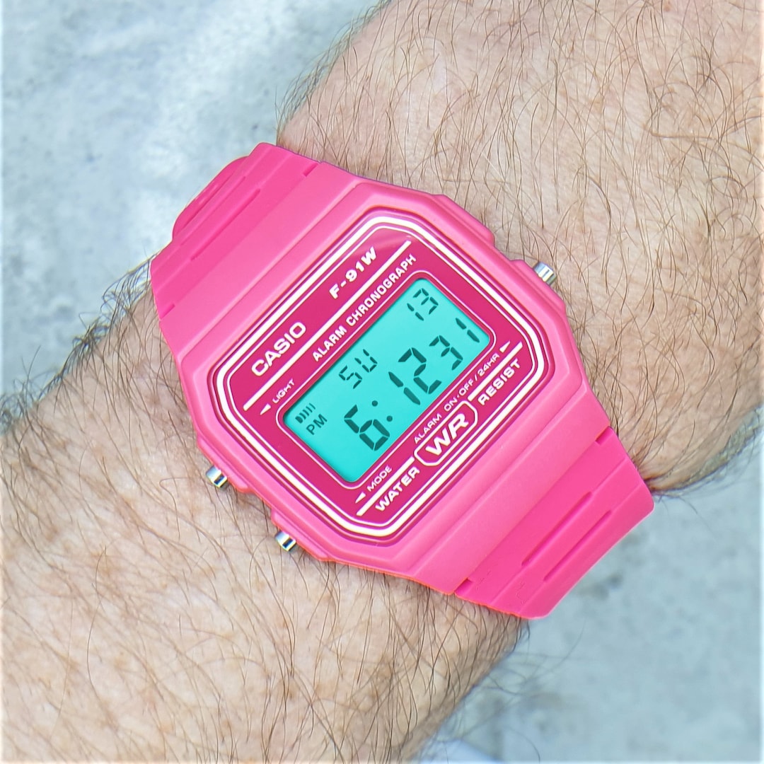 Classic Casio Watch, Pink Edition With Turquoise Screen Mod (F-91WC ...