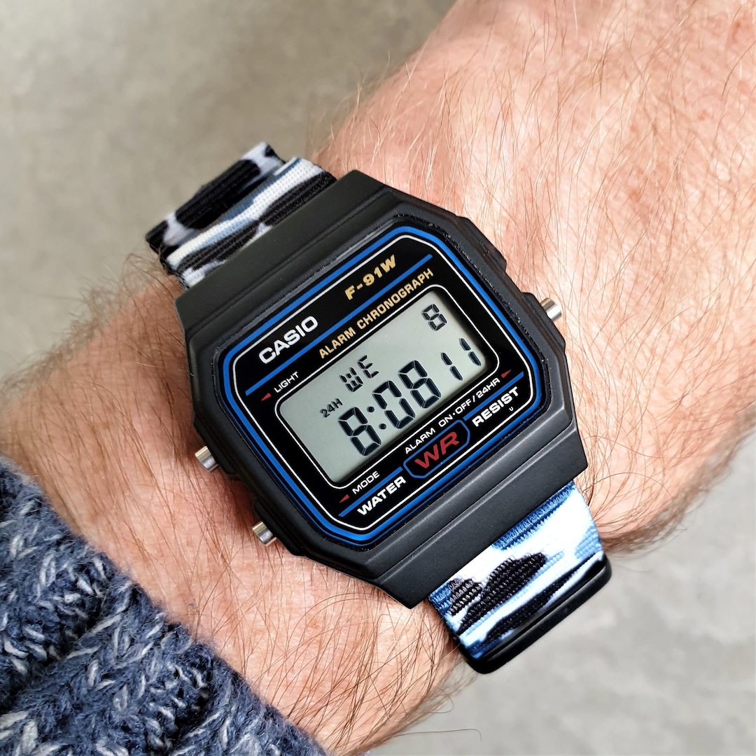 Casio F-91 Watch With Navy and Blue Ice Camo Nylon Strap, the Ice Wolf ...