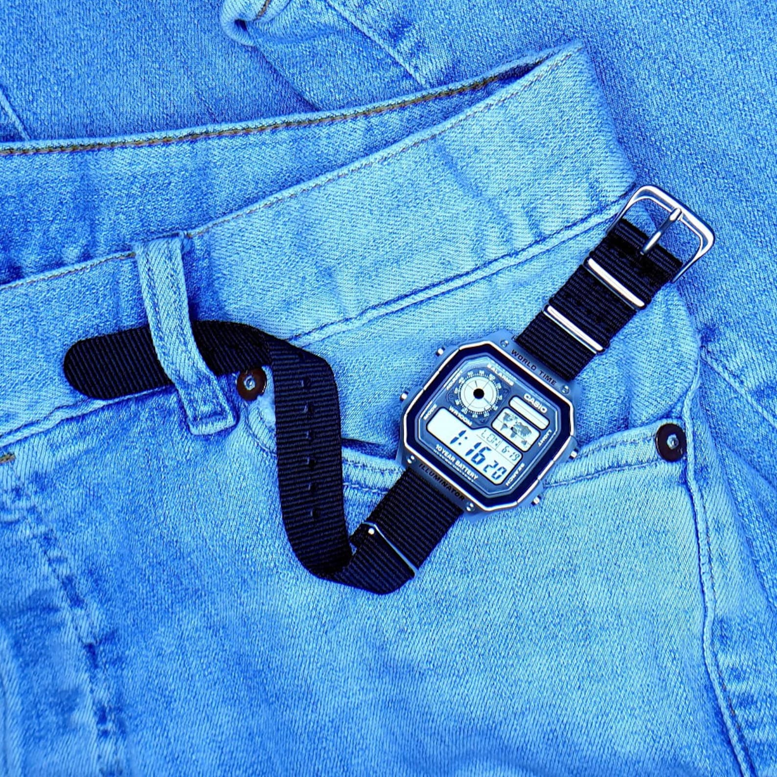 Casio World Time Illuminator Silver Watch With Black Nylon Band, AE ...