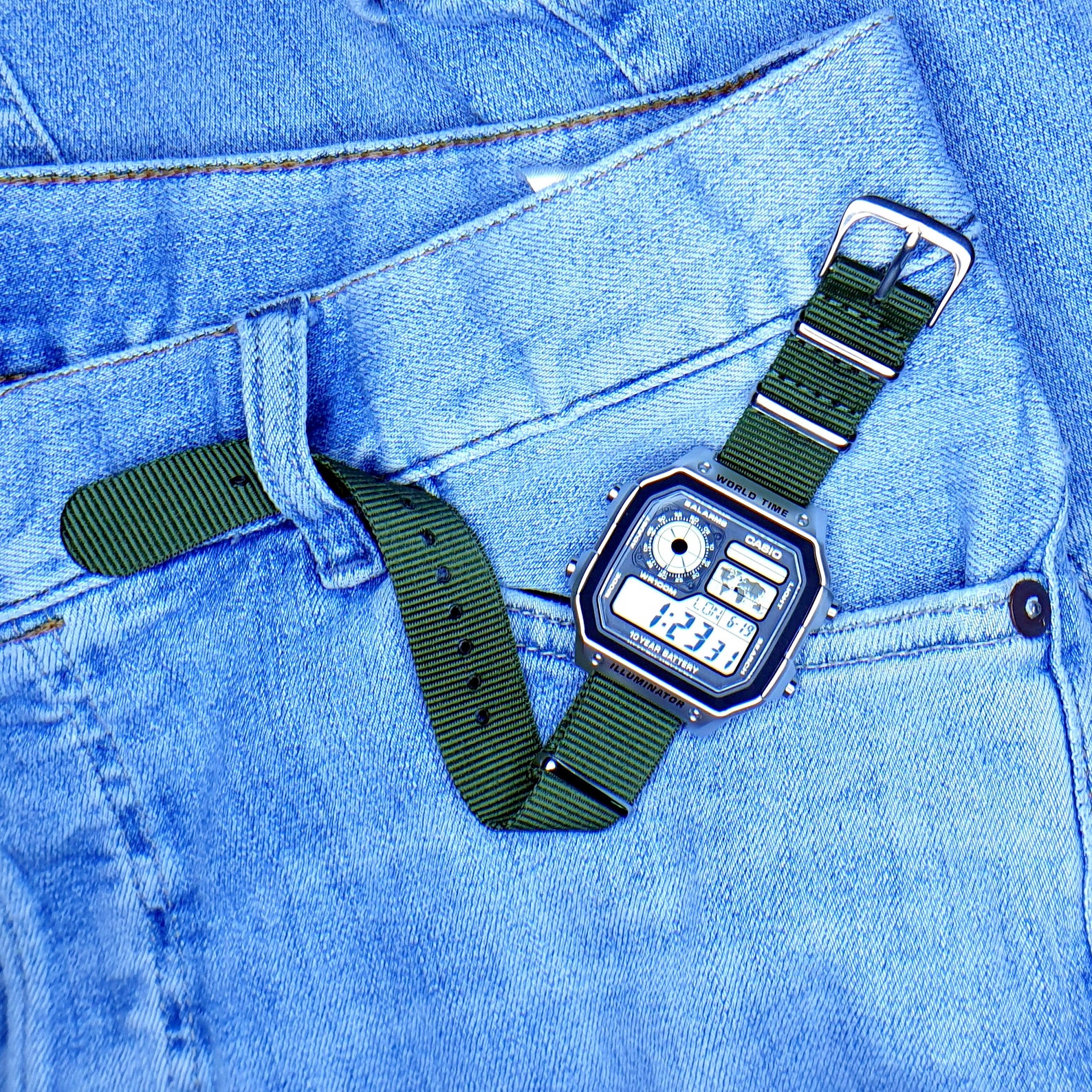 Casio World Time Illuminator Watch With Olive Green Nylon Band, AE ...