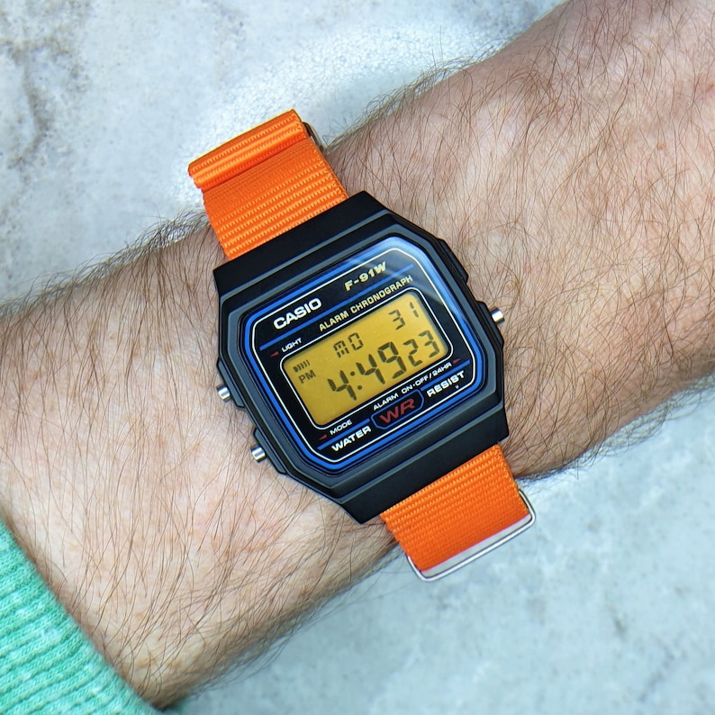 Casio F-91W Watch: Orange Screen Mod, Orange Nylon Strap - Etsy