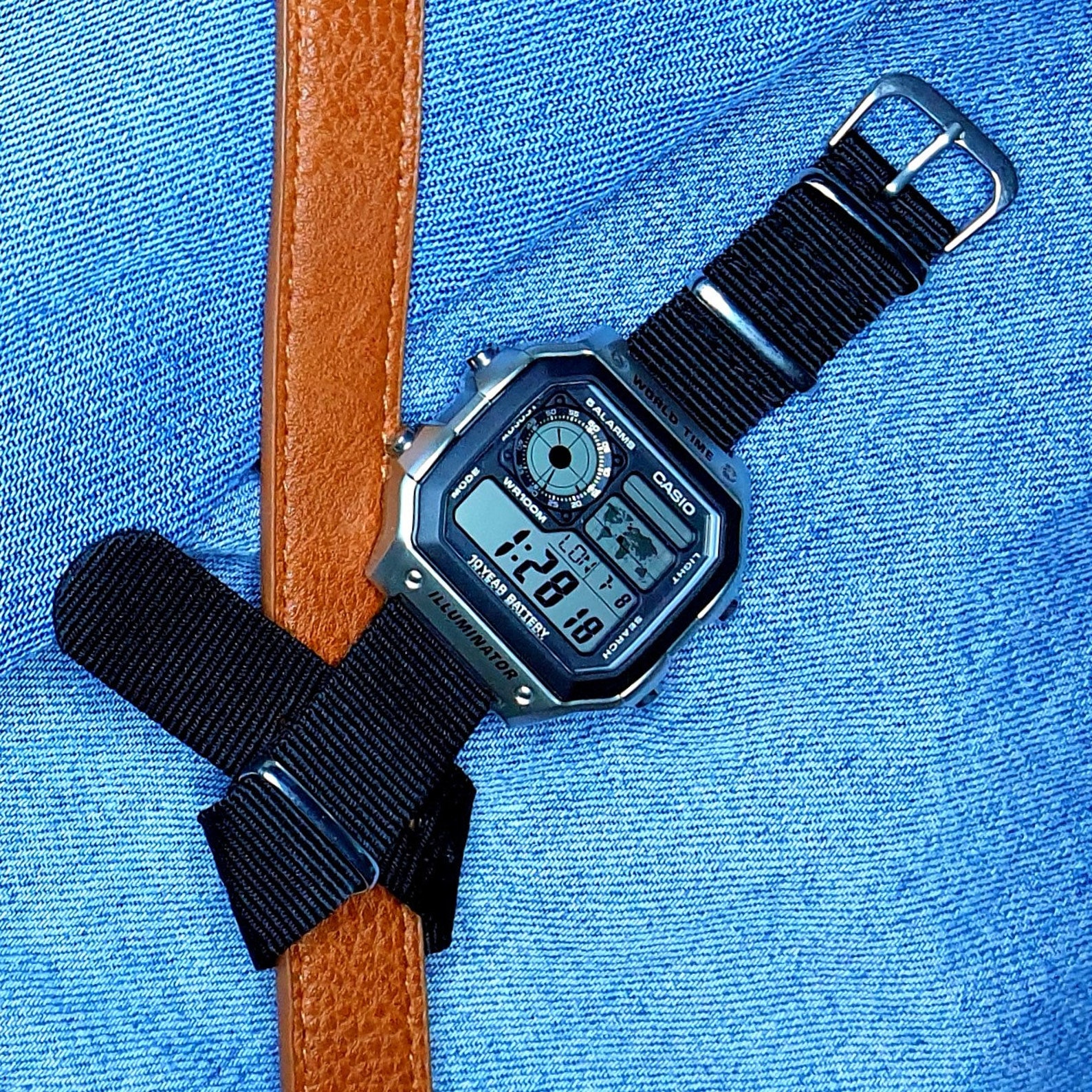 Casio World Time Illuminator Silver Watch With Black Nylon Band, AE ...