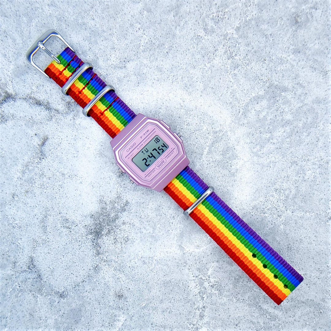 Classic Casio F91W Metallic Pink Watch on a Rainbow Nylon Band - Etsy