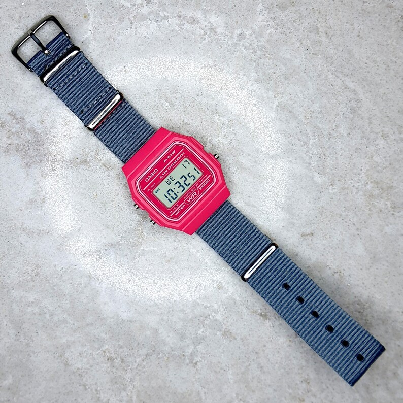 Casio Retro F91W Pink Watch on Grey Nylon Nato Strap | Etsy