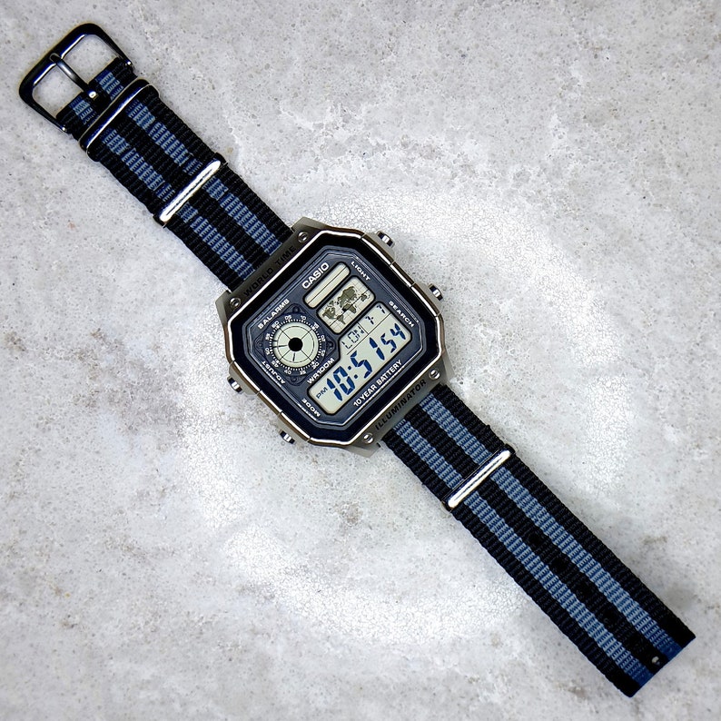 Casio World Time Illuminator Silver Watch With Black & Grey Nylon Band ...