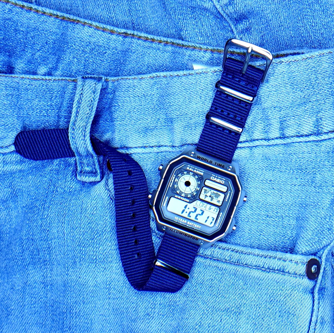 Casio World Time Illuminator Silver Watch With Navy Blue Nylon Band, AE ...
