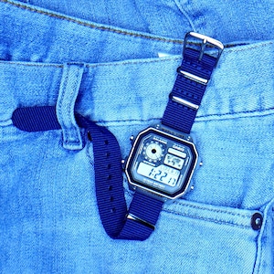 Casio World Time Illuminator Silver Watch With Navy Blue Nylon Band, AE ...