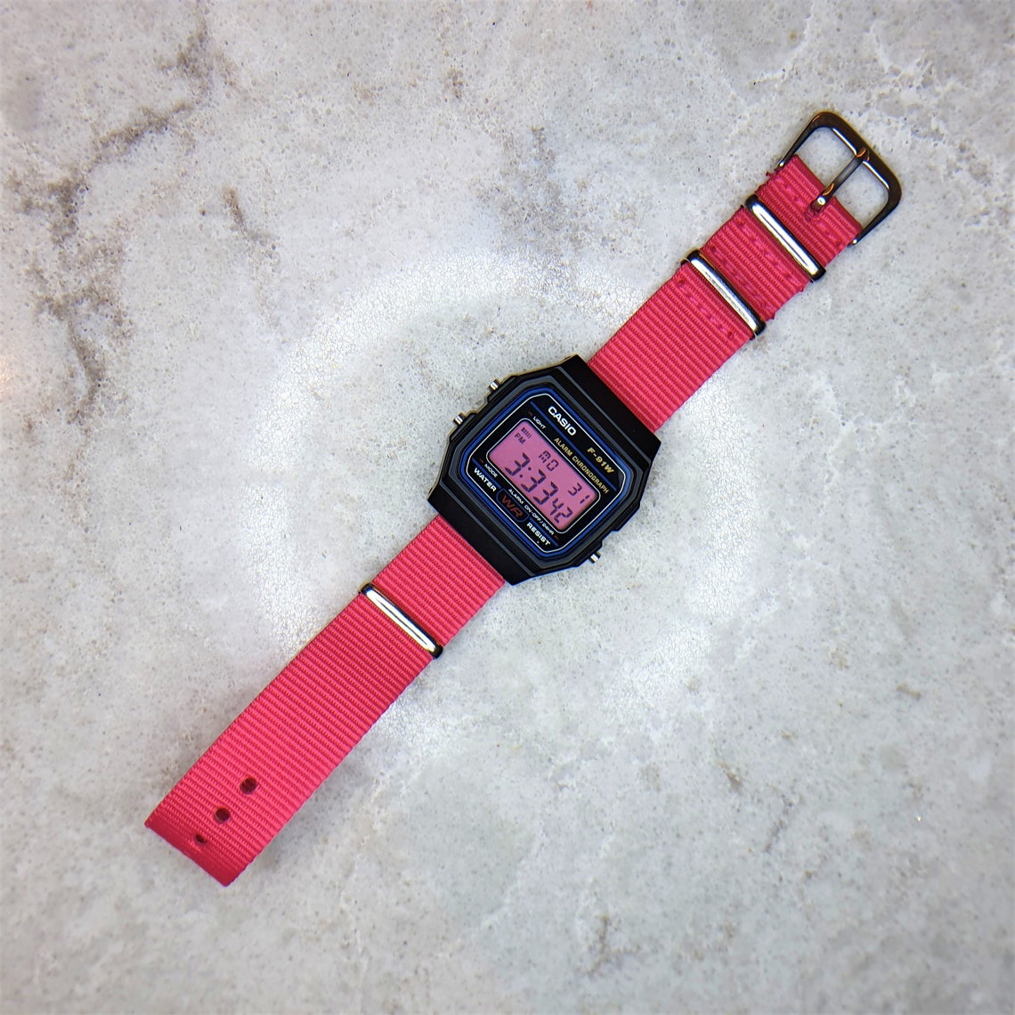 Casio Watch With Pink Screen Mod and a Pink Nylon Strap | Etsy