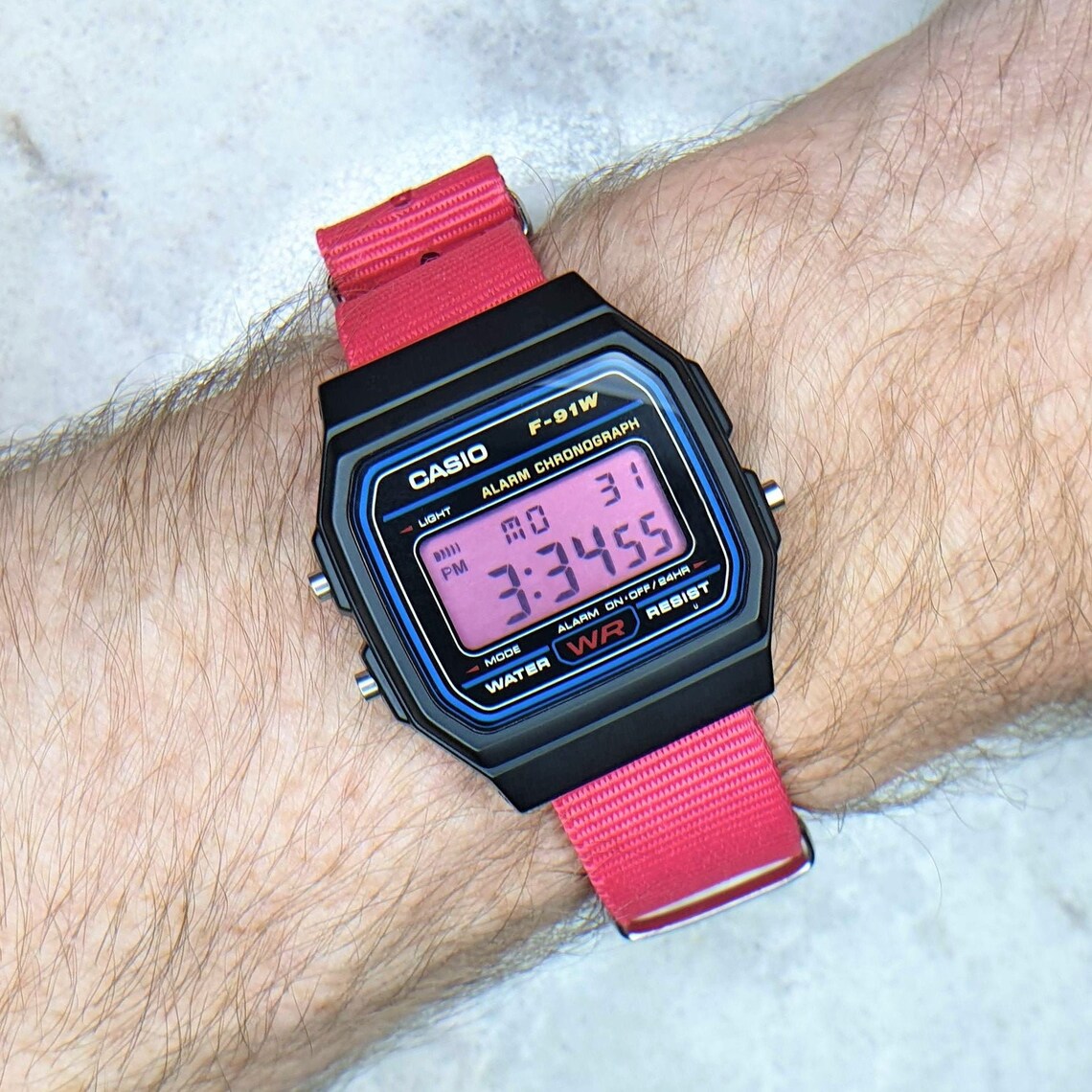 Casio Watch With Pink Screen Mod and a Baby Pink Nylon Strap (F-91W ...