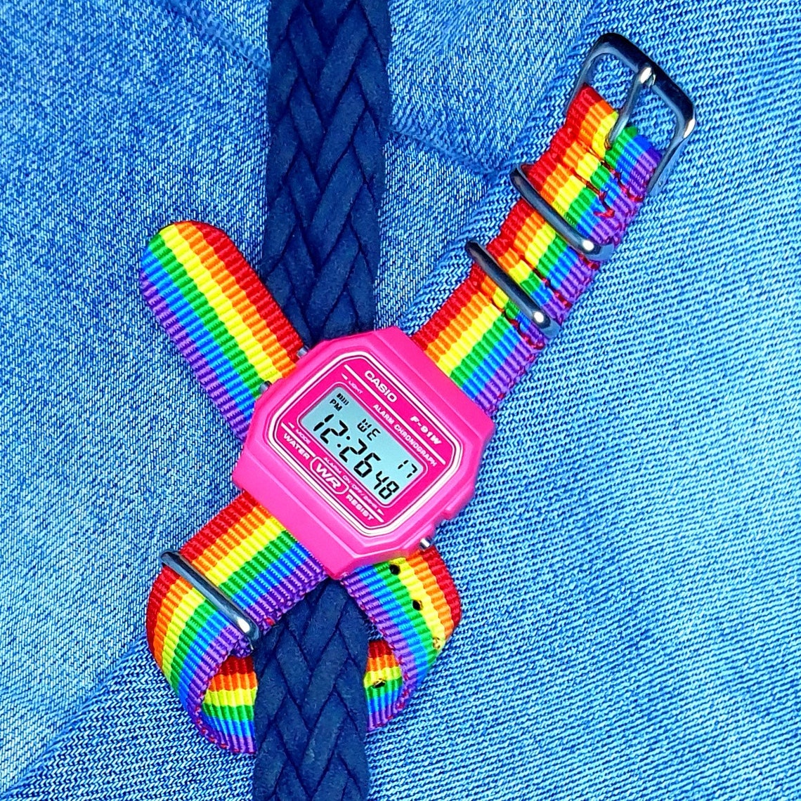 Casio Retro F-91W (pink) Watch on the Pride Rainbow Nylon Strap - Etsy