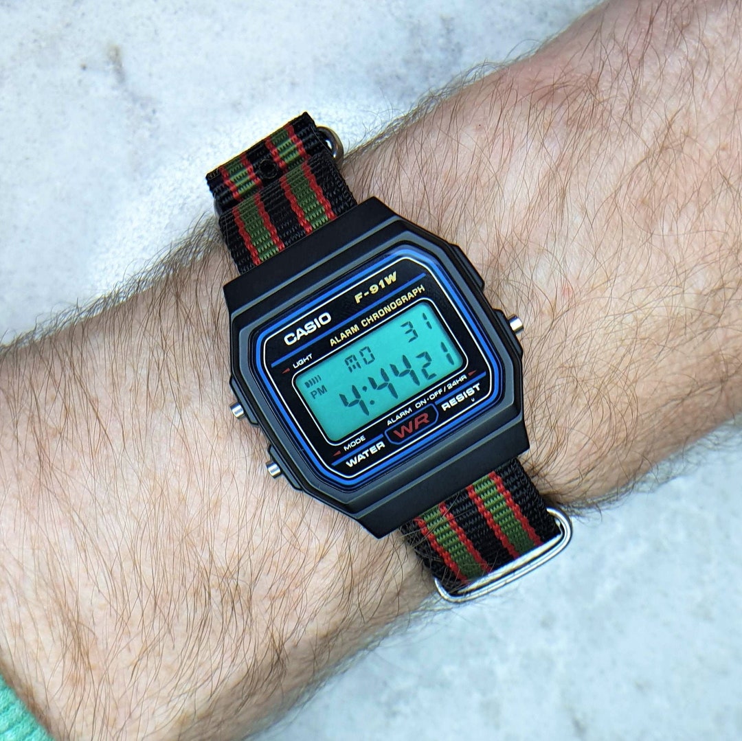Casio Watch With Turquoise Screen Mod and James Bond Nylon Strap (F-91W ...