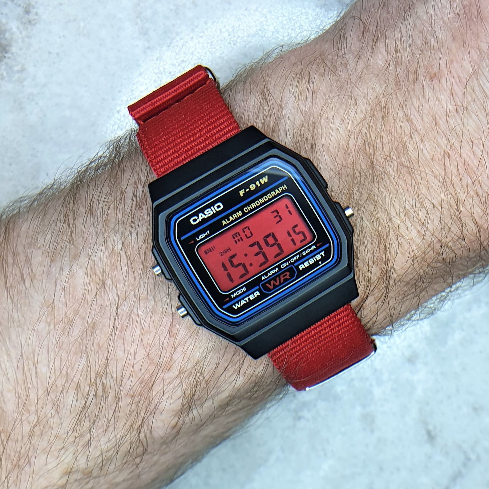 Casio Watch With Red Screen Mod and a Red Ballistic Nylon Strap (F-91W ...