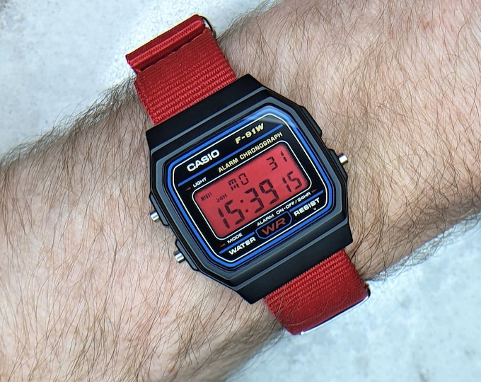 Casio Watch With Red Screen Mod and a Red Ballistic Nylon Strap F-91W ...