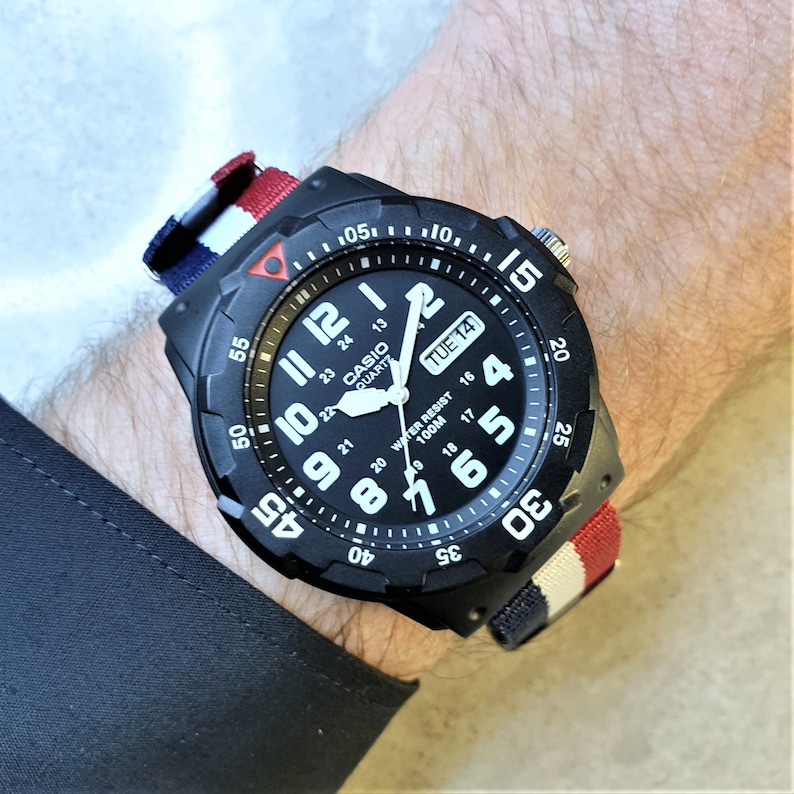 Casio Dive Watch With Red White and Blue Nylon Strap the | Etsy