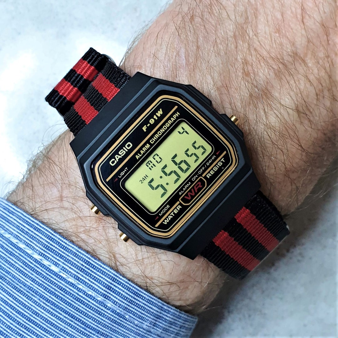 Casio F-91 Watch gold Detail With Red and Black Nylon Strap - Etsy