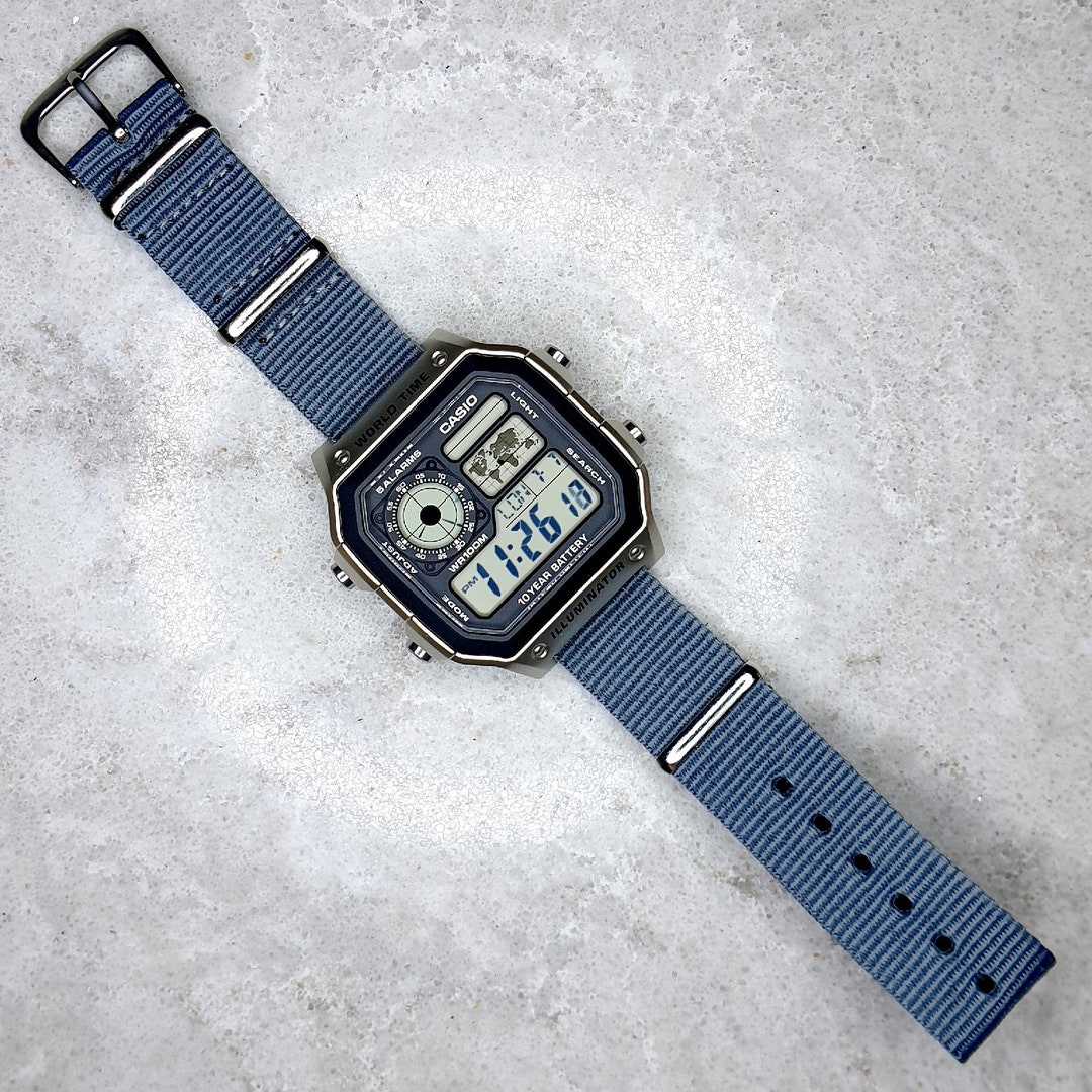 Casio World Time Illuminator Watch With Grey Nylon Band, AE-1200WHD-1AVEF - Etsy