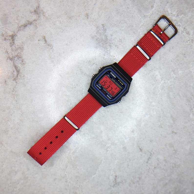 Casio Watch With Red Screen Mod and a Red Ballistic Nylon Strap (F-91W ...