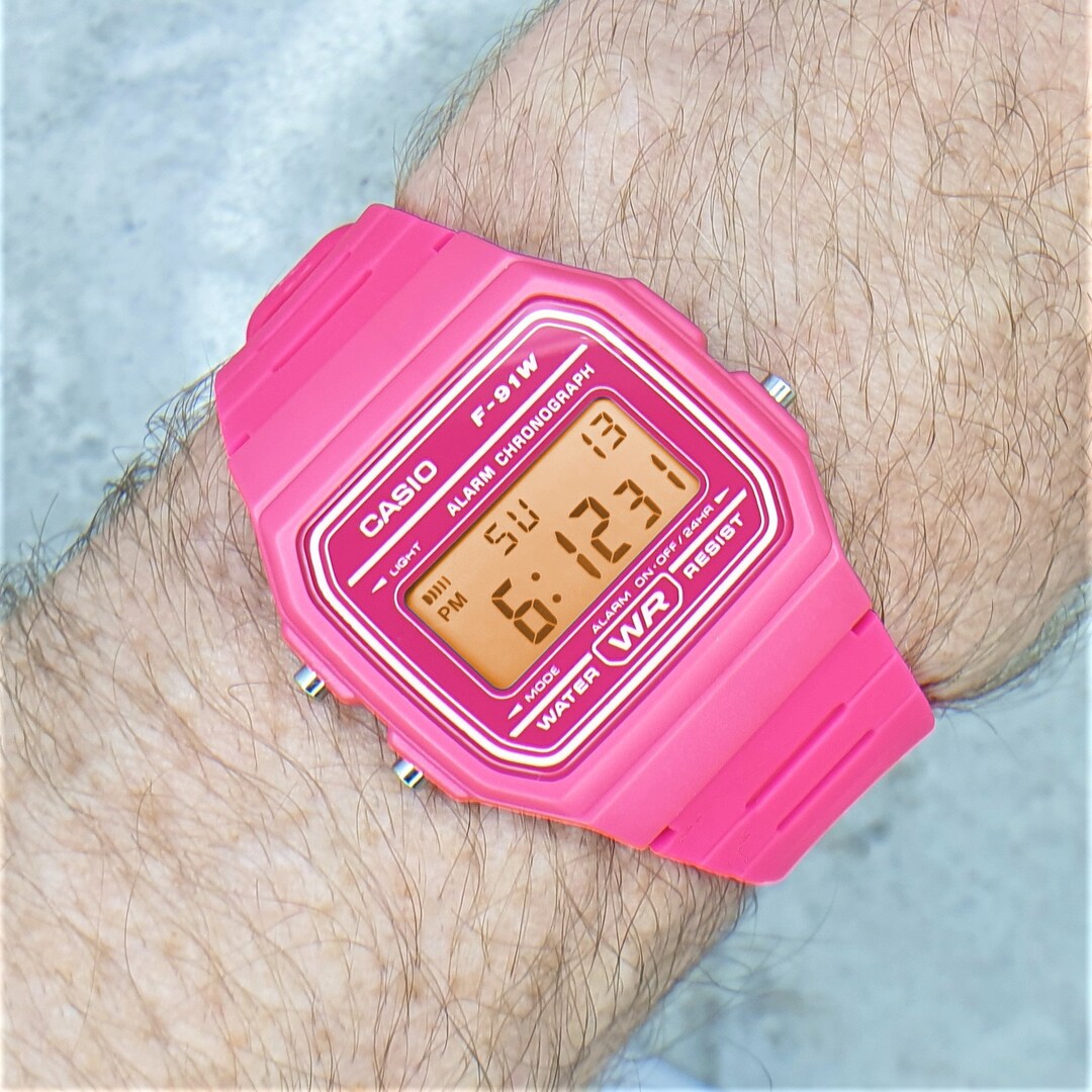 Classic Casio Watch, Pink Edition With Apricot Orange Screen Mod F-91WC ...