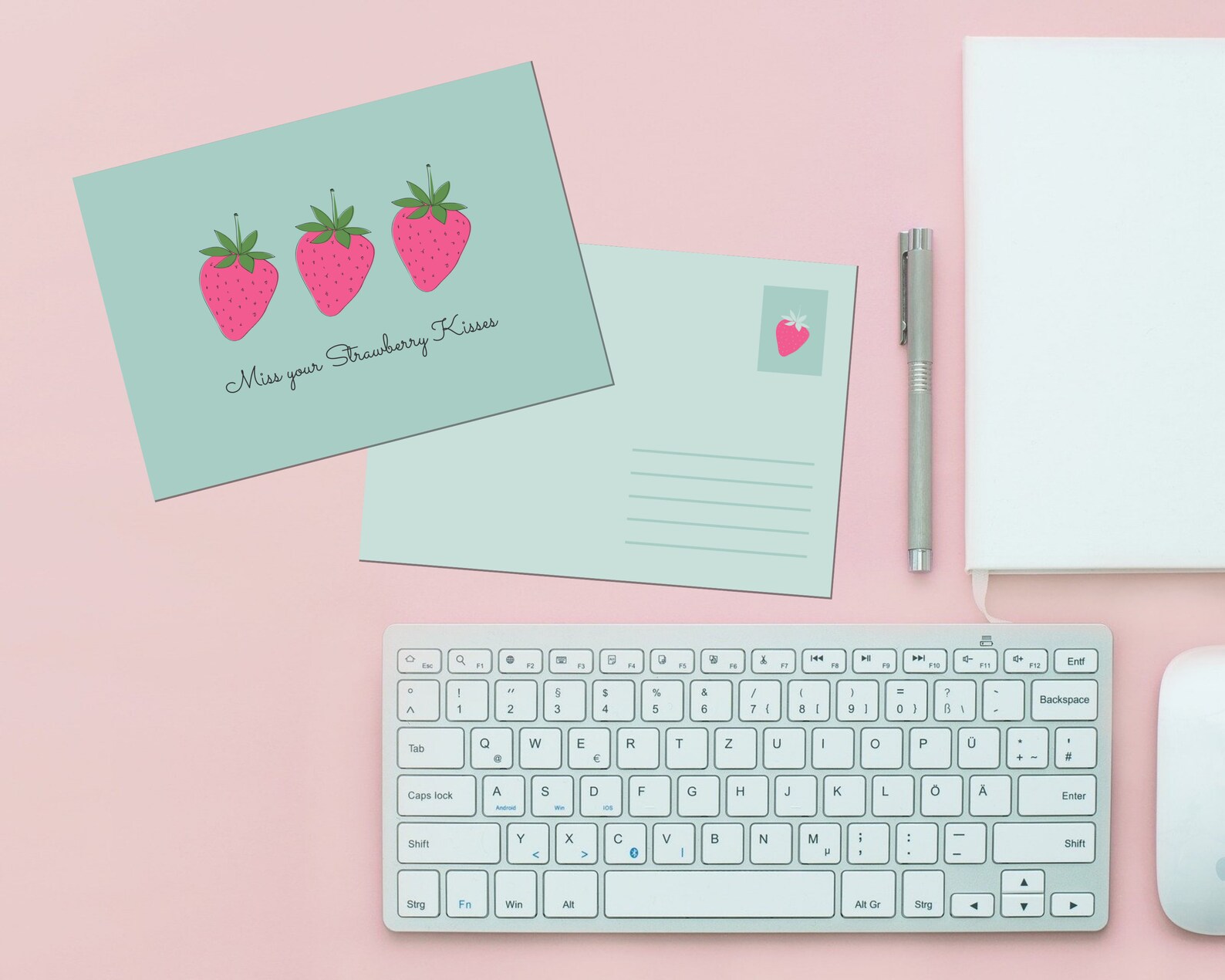 Strawberry Post Card | Miss Your Strawberry Kisses | Printable Art ...