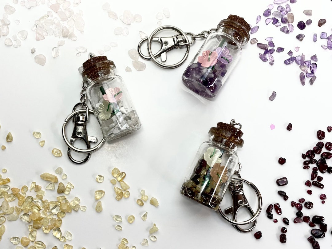 Gemstone Bottle Keychain, Crystal Waterfall Jar Keyring, Flower Mini ...