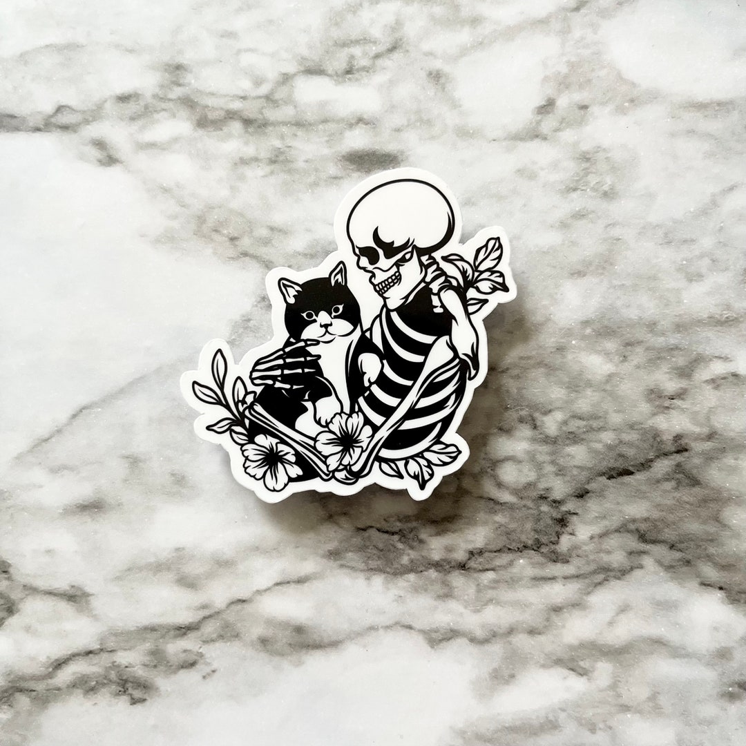 Skeleton Stickers Skelton With Cat and Flowers Goth Stickers Halloween ...