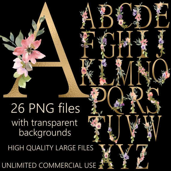 Gold foil alphabet with watercolor floral peach lavender pink | Etsy