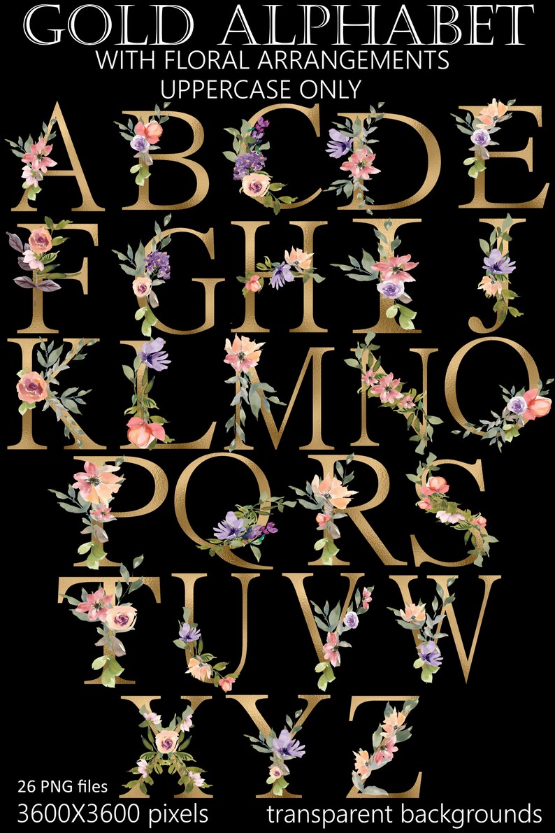 Gold foil alphabet with watercolor floral peach lavender pink | Etsy
