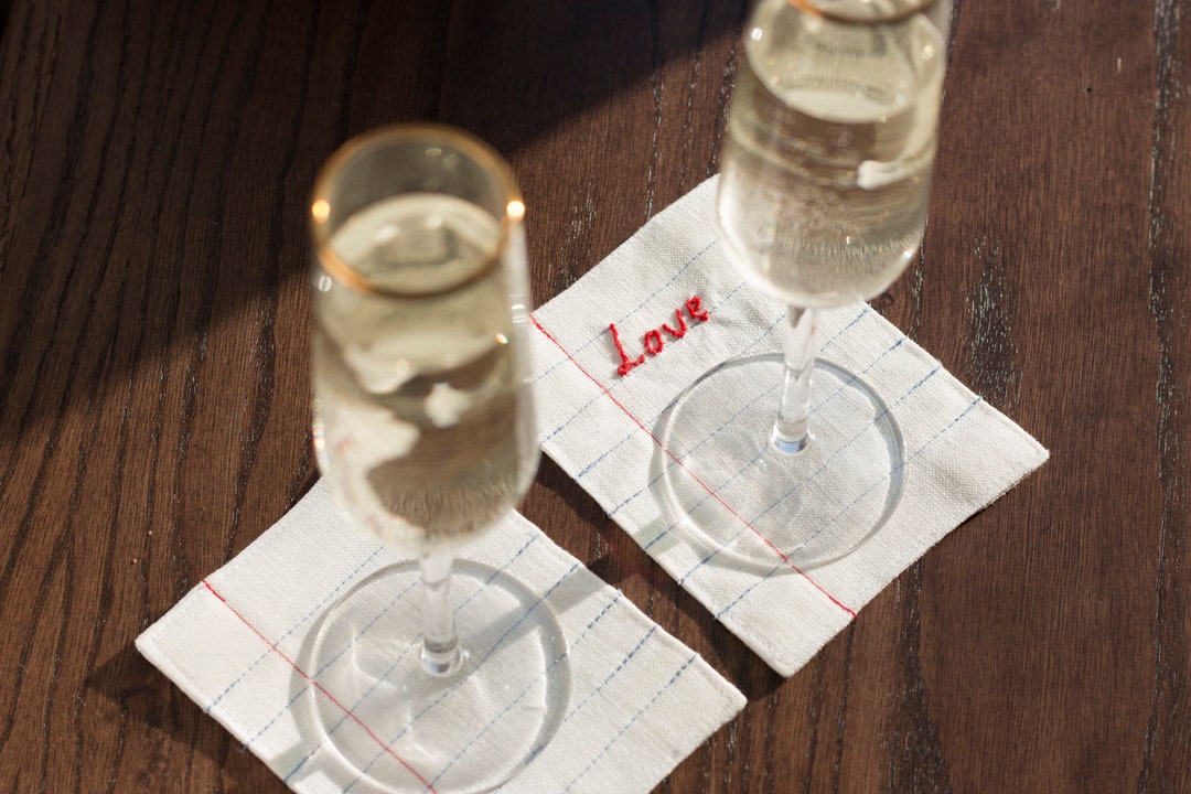 Notebook Page Linen Coasters Set With Hand Embroidery. Love Note ...