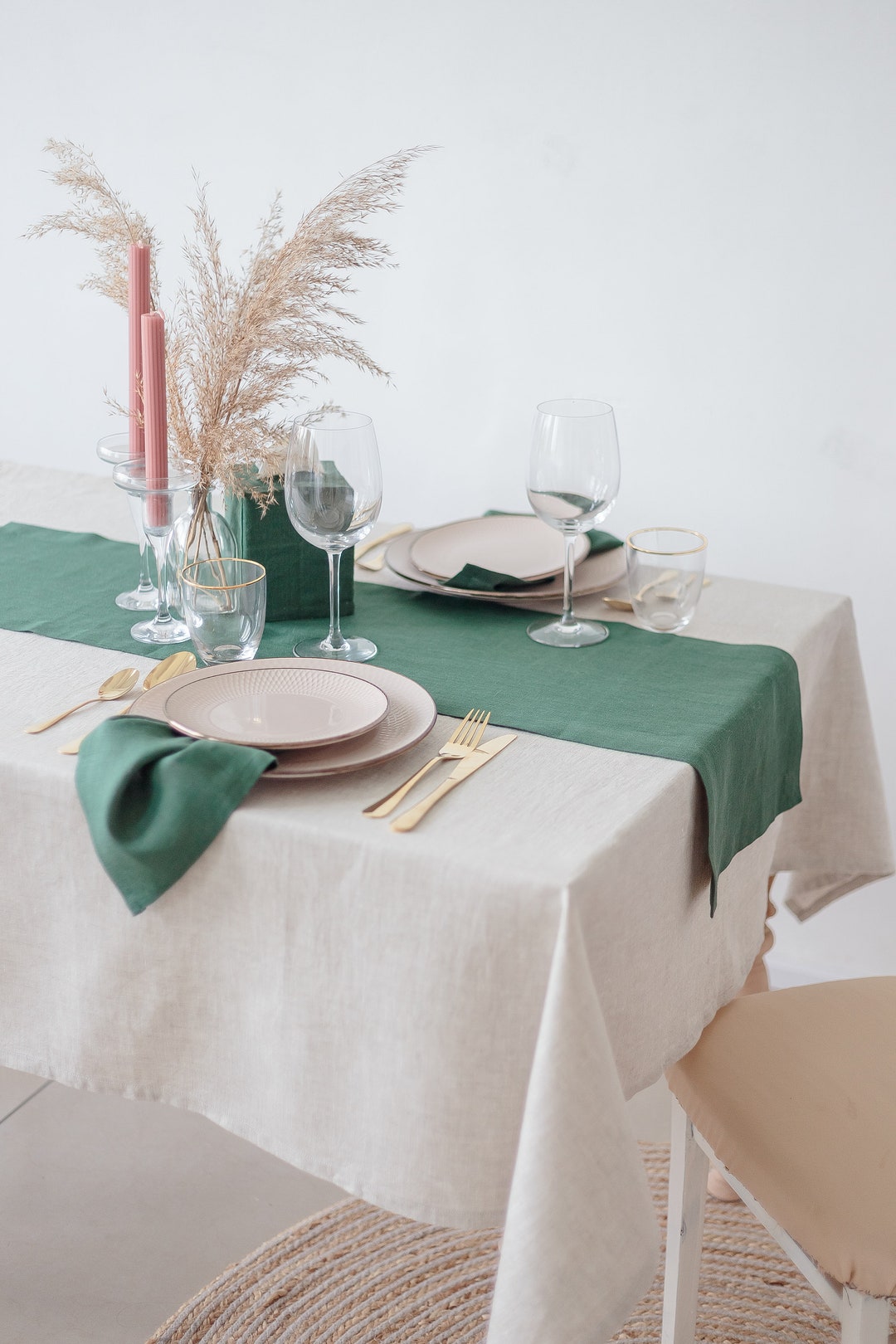 Emerald Green Linen Table Runner. Farmhouse Kitchen Decor. Long Table ...