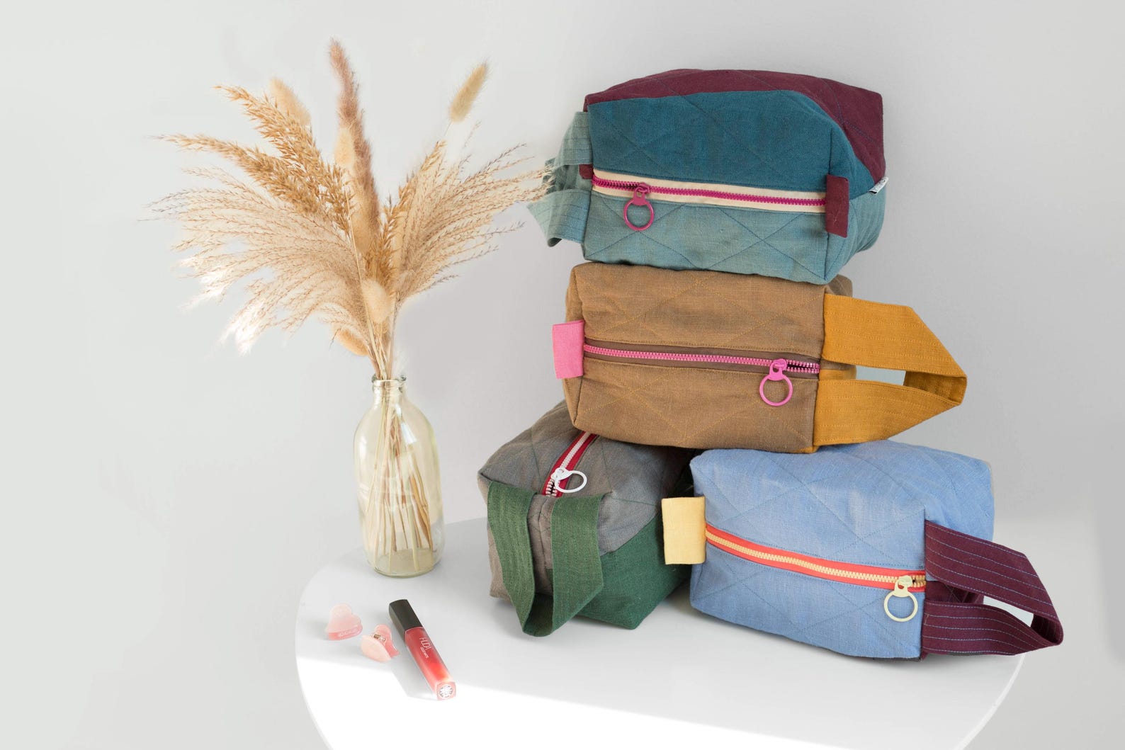 Linen Quilted Pouches With Colorful Zippers. Boxy Travel Toiletry Bag ...