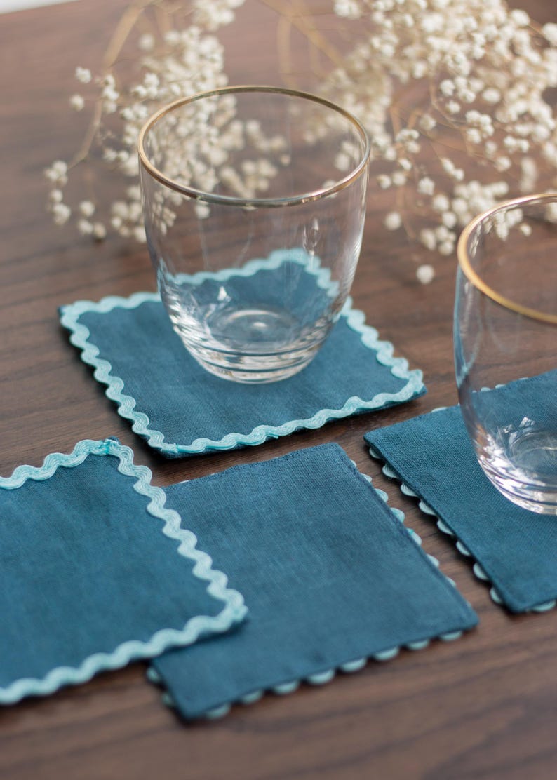 Dusty Blue Linen Coasters With Green Ric Rac Trim. Set of 4 - Etsy