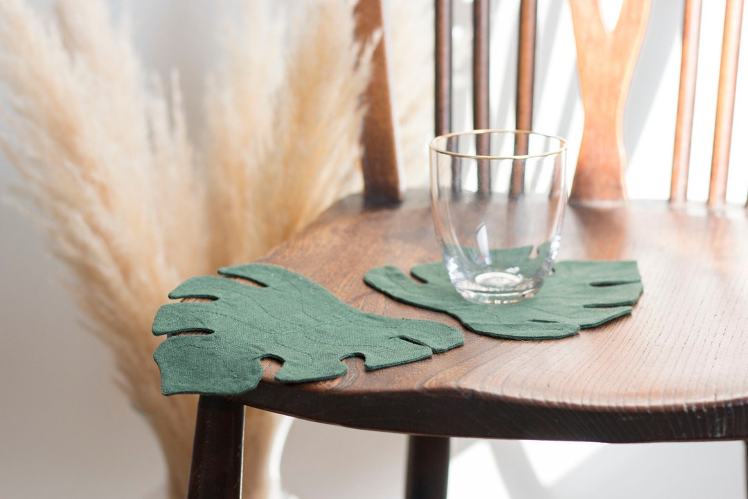 Set of 2 Linen Monstera Leaf Coasters. Natural Coffee Table Decor ...