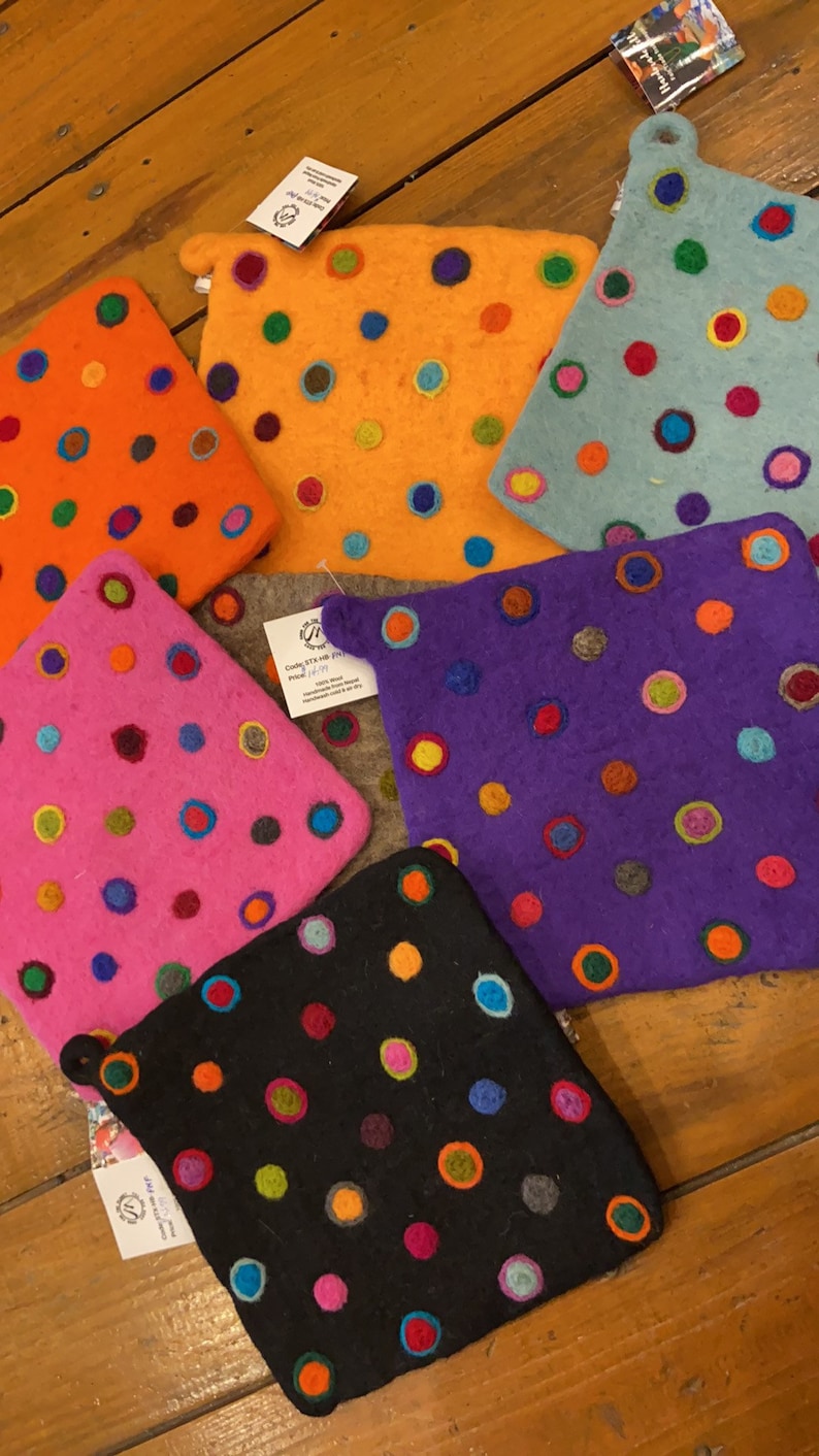 Felted Wool Polk-a-dot Felt Pot Holder Hot Pad Hotpad, 8.5 in X 8.5 in ...