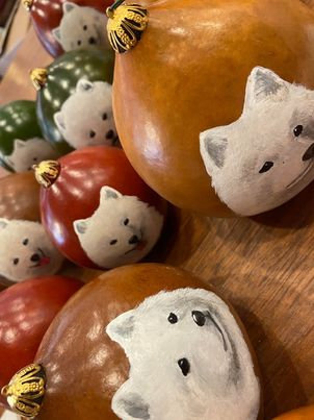 Hand-painted White Dogs Gourds Hanging Holiday Christmas Ornaments ...