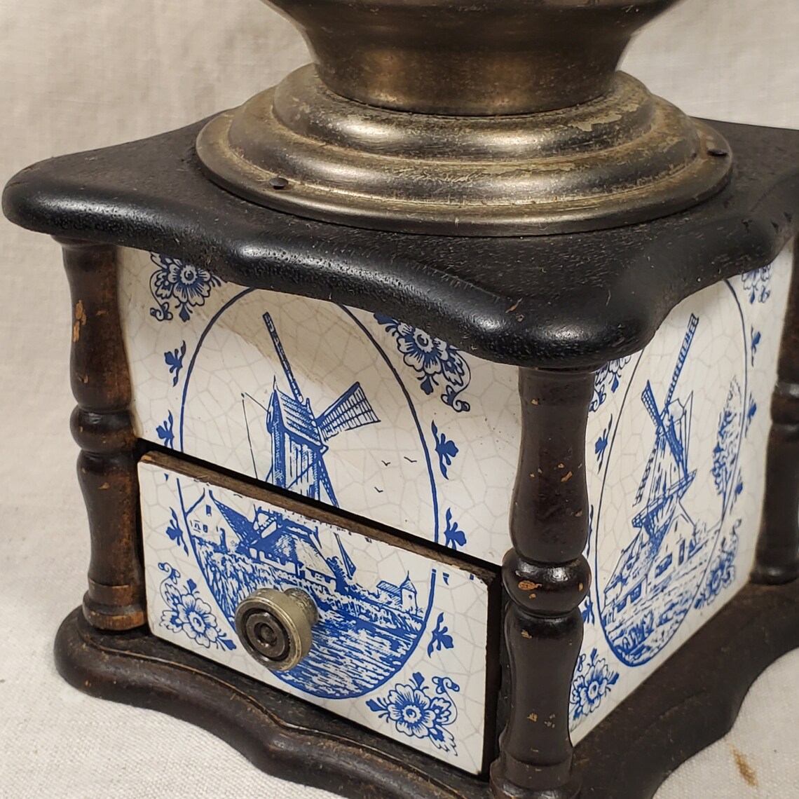 Vintage Delft Blue Windmill Ceramic Tile Wood Coffee Grinder Mill 2011 ...