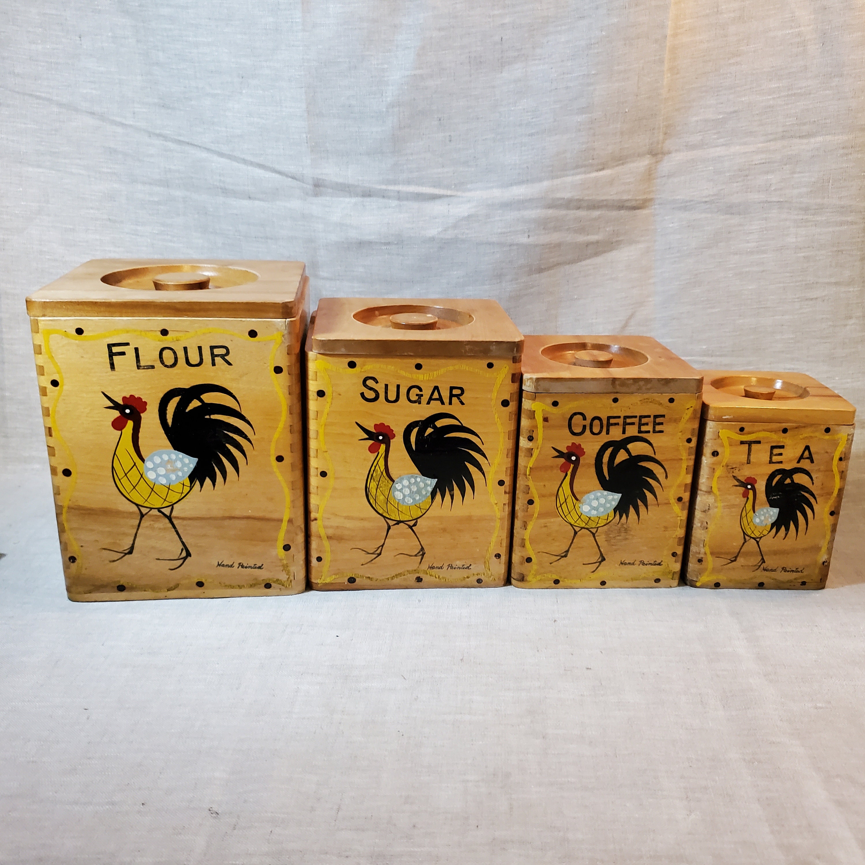 Vintage Rooster Wood Canister Set Flour Sugar Coffee Tea Hand Painted ...