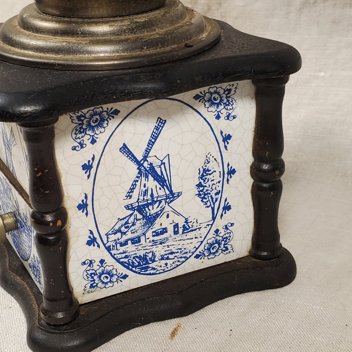 Vintage Delft Blue Windmill Ceramic Tile Wood Coffee Grinder Mill 2011 ...
